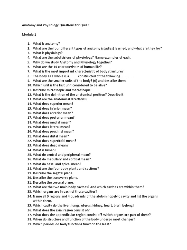 Module 1 Practice Questions For Quiz (Anatomy and Physiology) | PDF ...