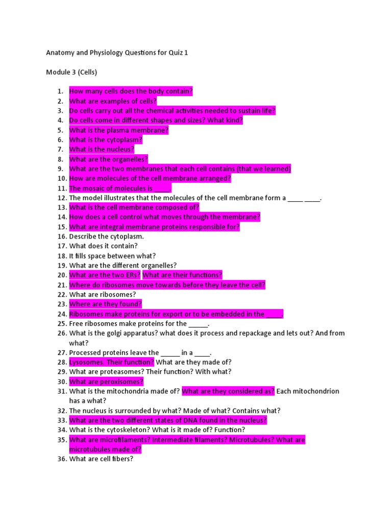 Module 3 (Cells) Practice Questions For Quiz (Anatomy and Physiology ...