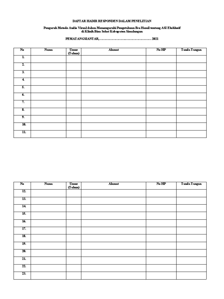Daftar Hadir Responden Dalam Penelitian | PDF