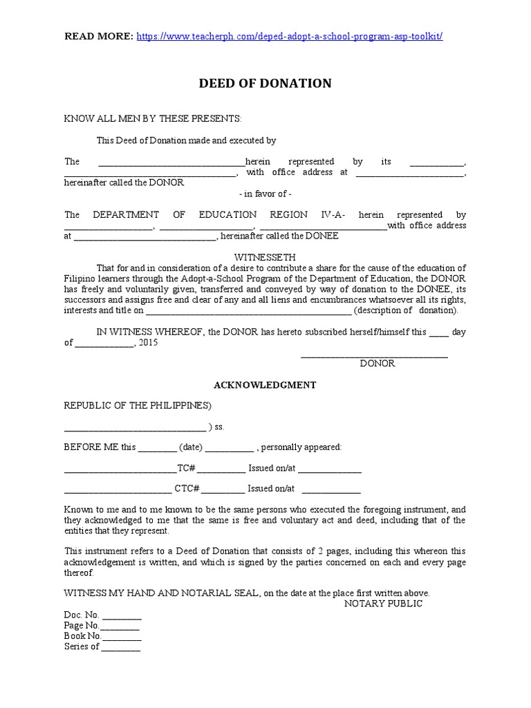 DepEd Adopt-a-School Program (ASP) Deed of Donation and Deed of ...