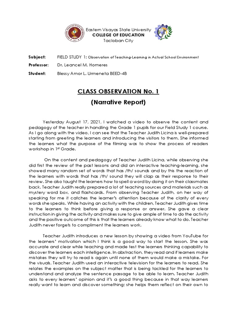 Class Observation No. 1 - Urmeneta BEED-4B | PDF | Learning | Teachers