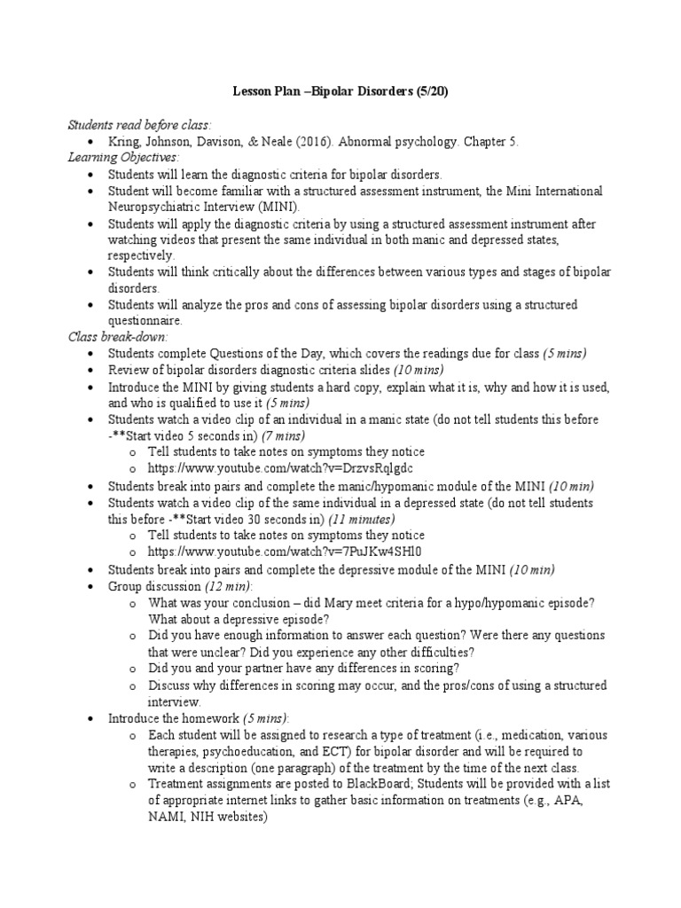 Lesson Plan - Mood Disorders - Bipolar Disorders | PDF | Major ...