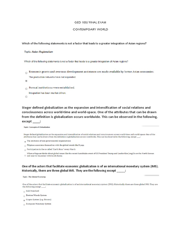 Ged 105/ Final Exam Contempoary World | PDF | Globalization ...