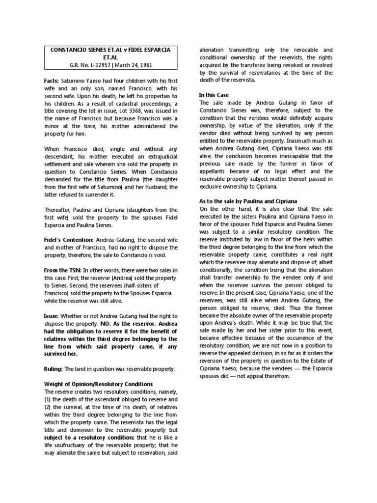 CONSTANCIO SIENES ET.AL v FIDEL ESPARCIA: RESOLUTORY CONDITIONS AND ...