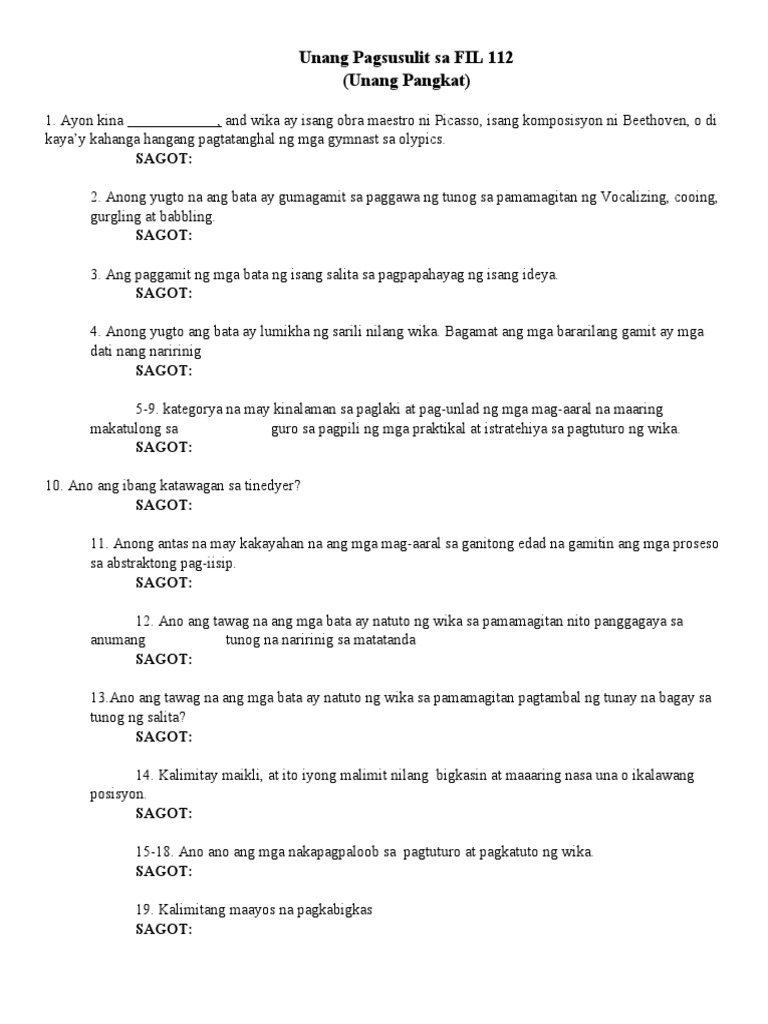 Unang Pagsusulit Sa FIL 112 | PDF
