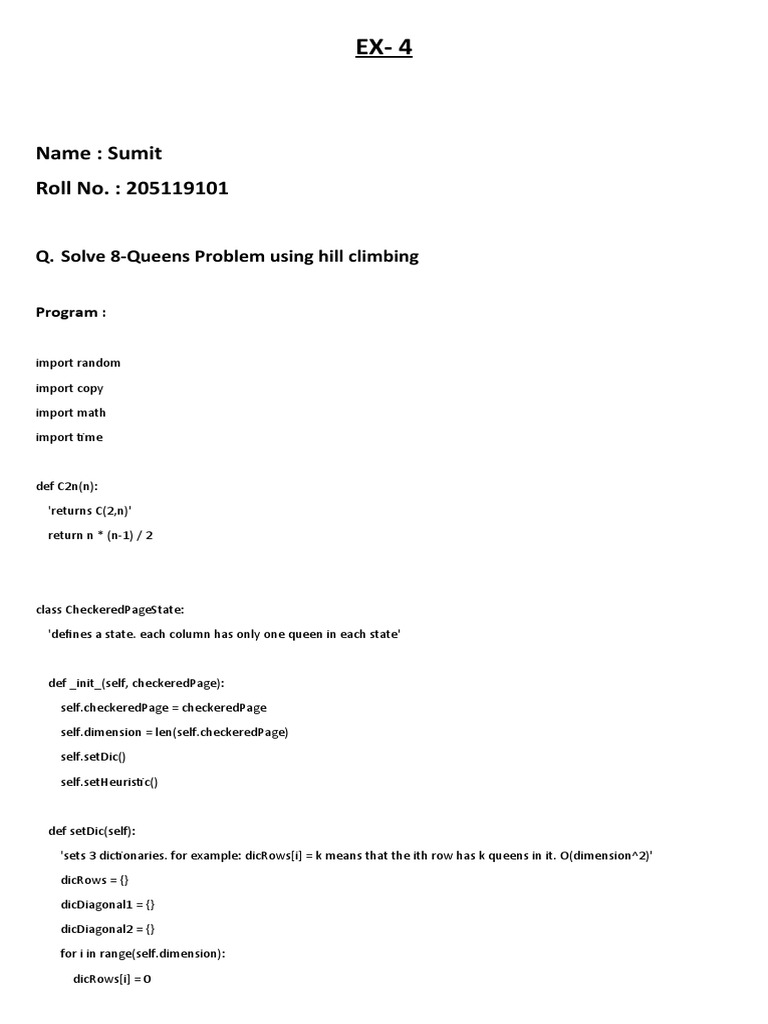 Name: Sumit Roll No.: 205119101: Q. Solve 8-Queens Problem Using Hill ...