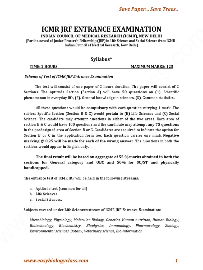 ICMR JRF Life Sciences Syllabus 2025 | PDF | Developmental Biology | Evolution