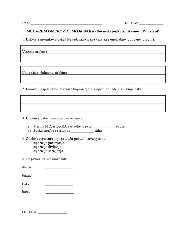 MOJA BAKA, Muharem Omerovic Nastavni Listic | PDF