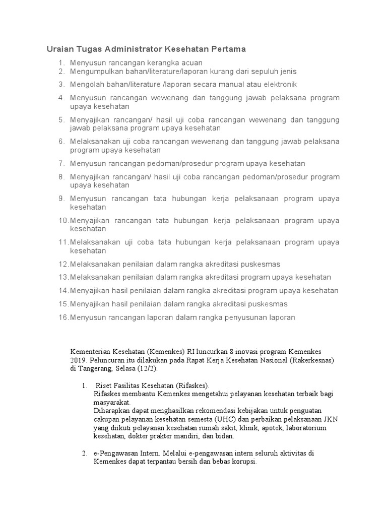 Uraian Tugas Administrator Kesehatan Pertama | PDF