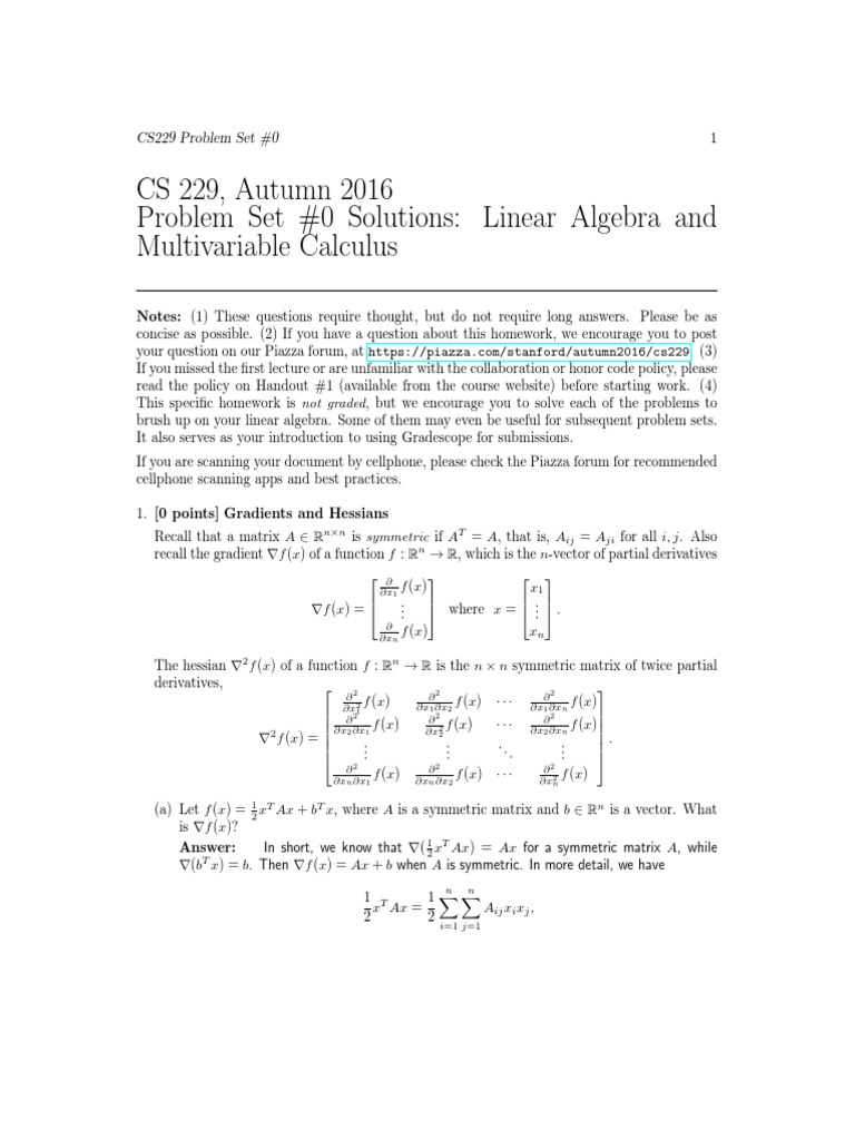 CS 229, Autumn 2016 Problem Set #0 Solutions: Linear Algebra and Multivariable Calculus | PDF ...
