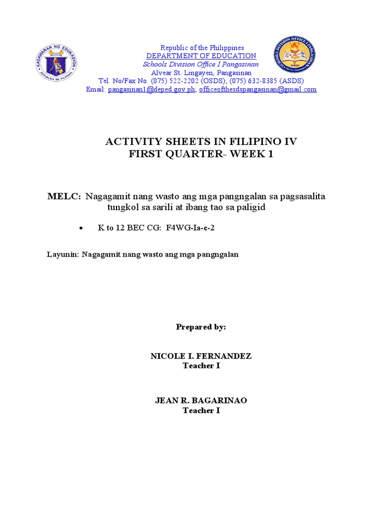 Filipino Activity Sheets | PDF