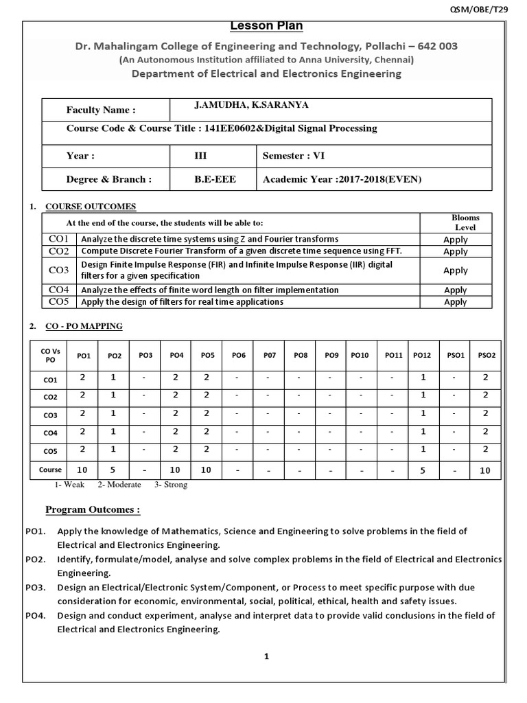 Lesson Plan for Digital Signal Processing Course on Analyzing Discrete ...