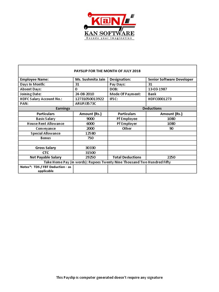Payslip July 2018-Sushmita | PDF