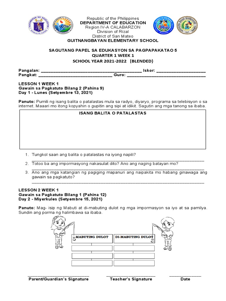 Esp 5 Answer Sheets Blended 1.1 | PDF