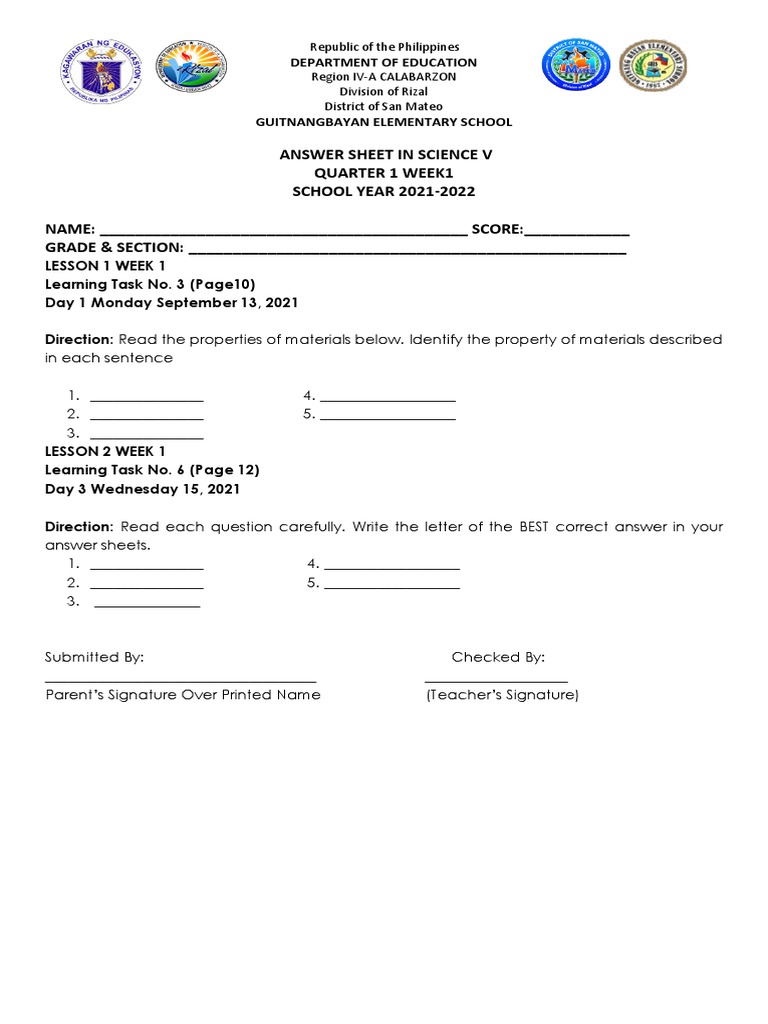 Answer Sheet in Science V Quarter 1 Week1 SCHOOL YEAR 2021-2022 NAME ...