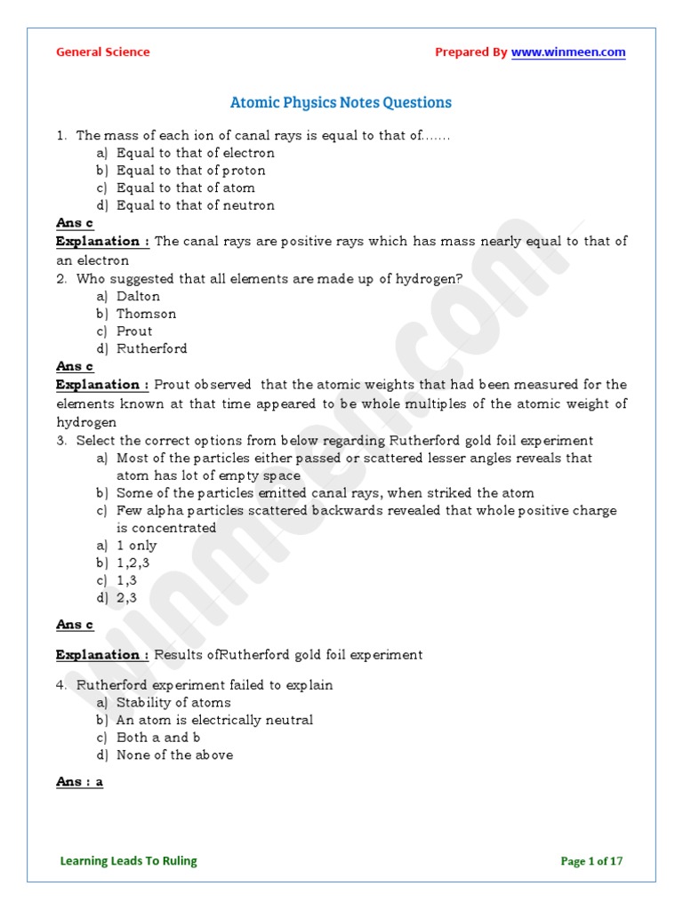Atomic Physics Notes Questions | PDF | Electron | Atoms