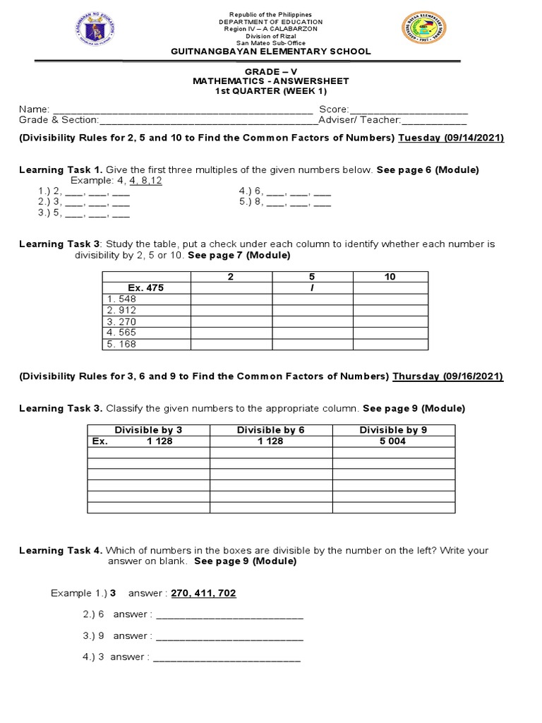 Guitnangbayan Elementary School Grade - V Mathematics - Answersheet 1St ...