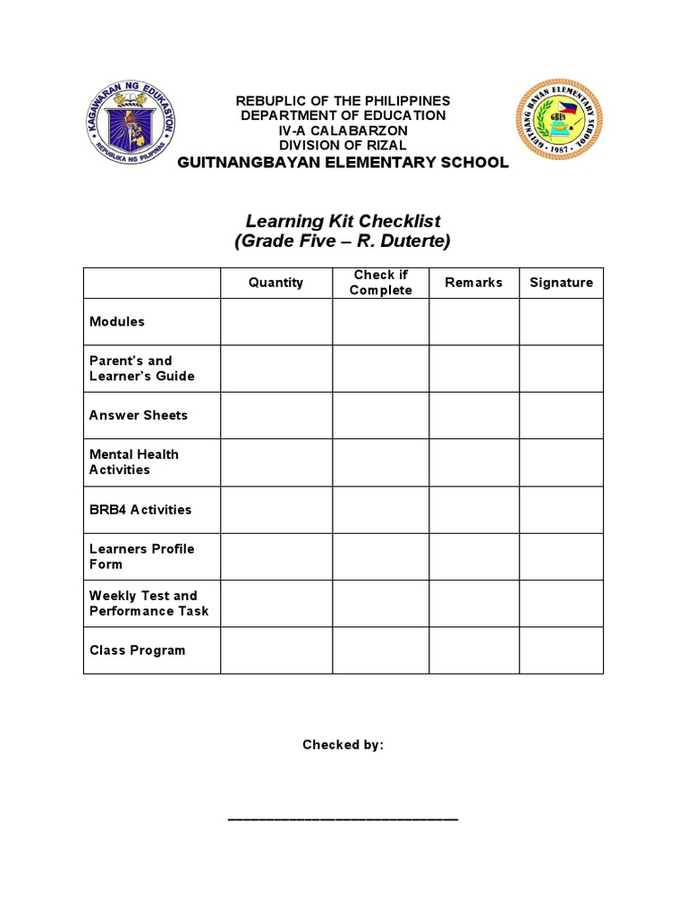 Learning Kit Checklist (Grade Five - R. Duterte) : Guitnangbayan ...