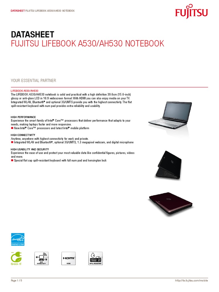 Fujitsu Lifebook A530 Data Sheet | PDF | High Speed Packet Access | Laptop