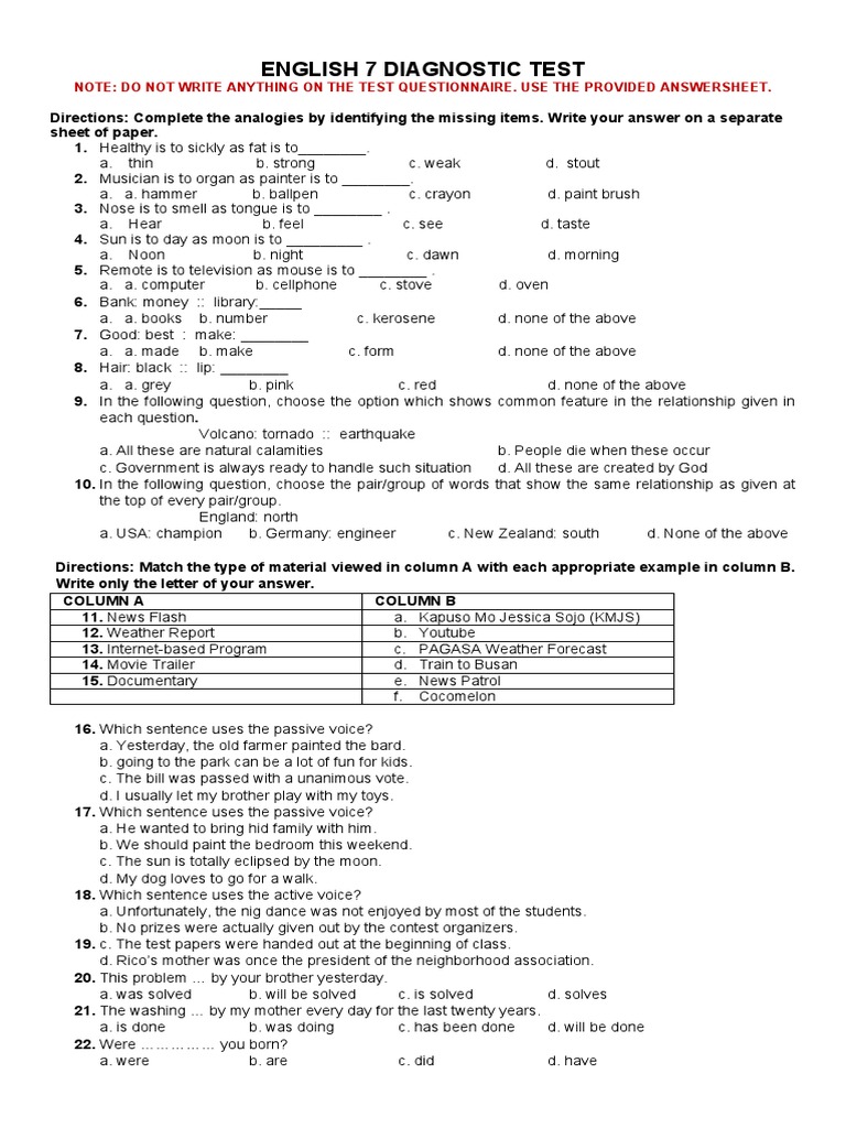 English 7 Diagnostic Test 1st Quarter | PDF | Sentence (Linguistics ...
