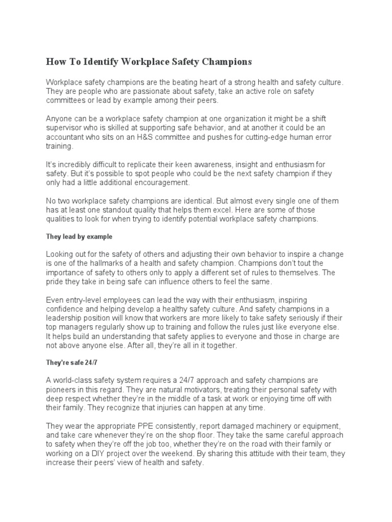 How To Identify Workplace Safety Champions | PDF | Safety ...