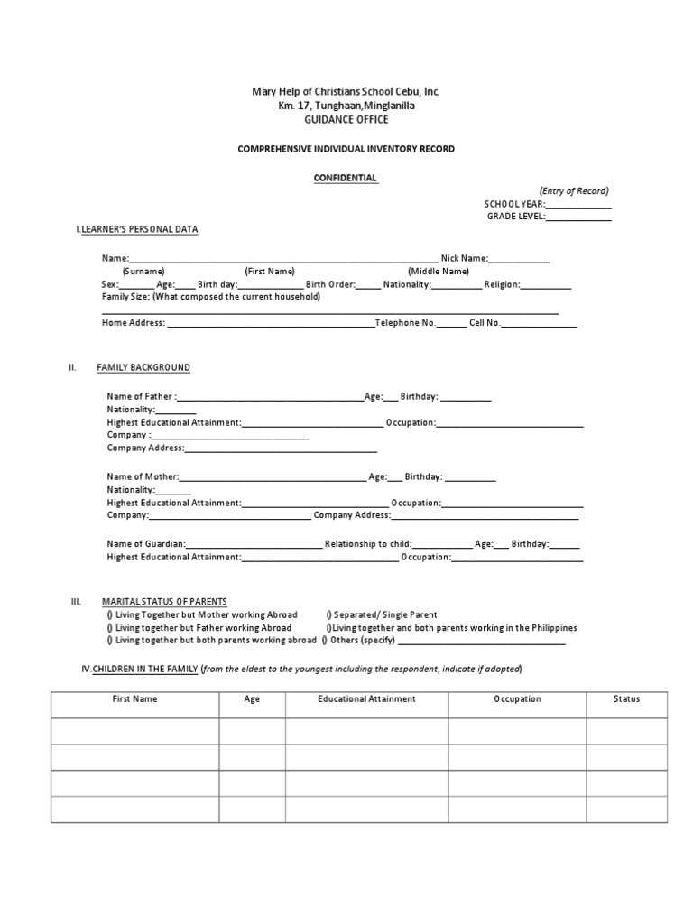 Comprehensive Individual Inventory Record Form Editable | PDF | Social ...