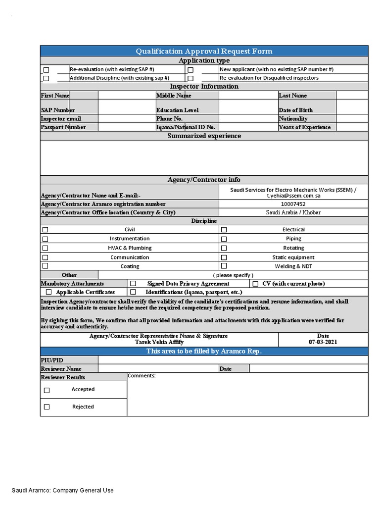 Qualification Approval Request Form: Application Type | PDF ...