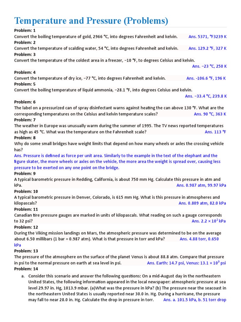 Temperature and Pressure Conversion Problems | PDF | Atmospheric Pressure | Gases