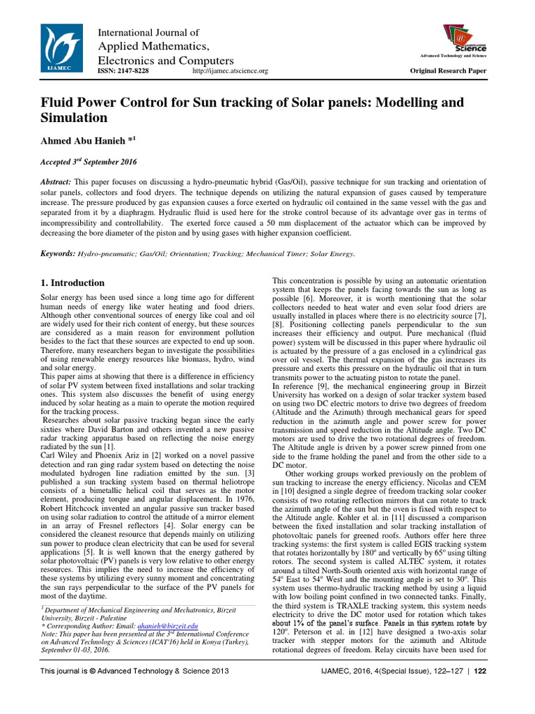 Fluid Power Control For Sun Tracking of Solar Panels - Modelling and ...