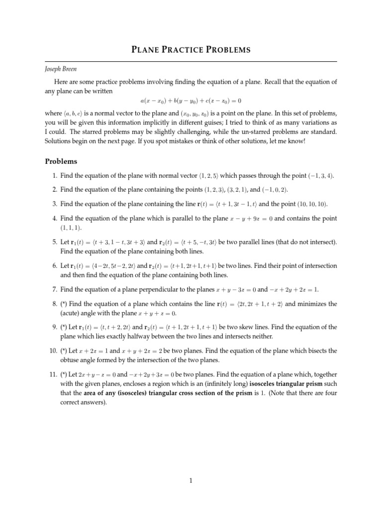 Plane Equation Practice Problems | PDF | Plane (Geometry) | Angle