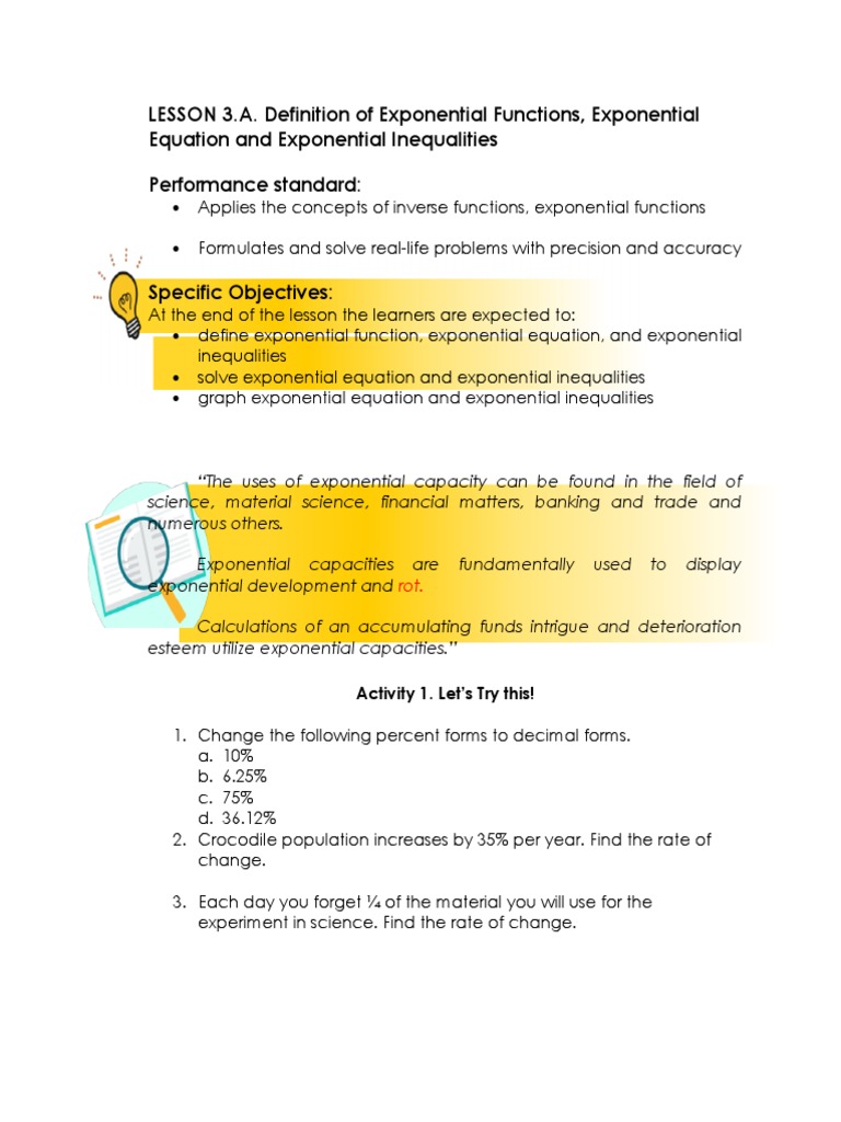 LESSON 3.A. Definition of Exponential Functions Exponential Equation ...