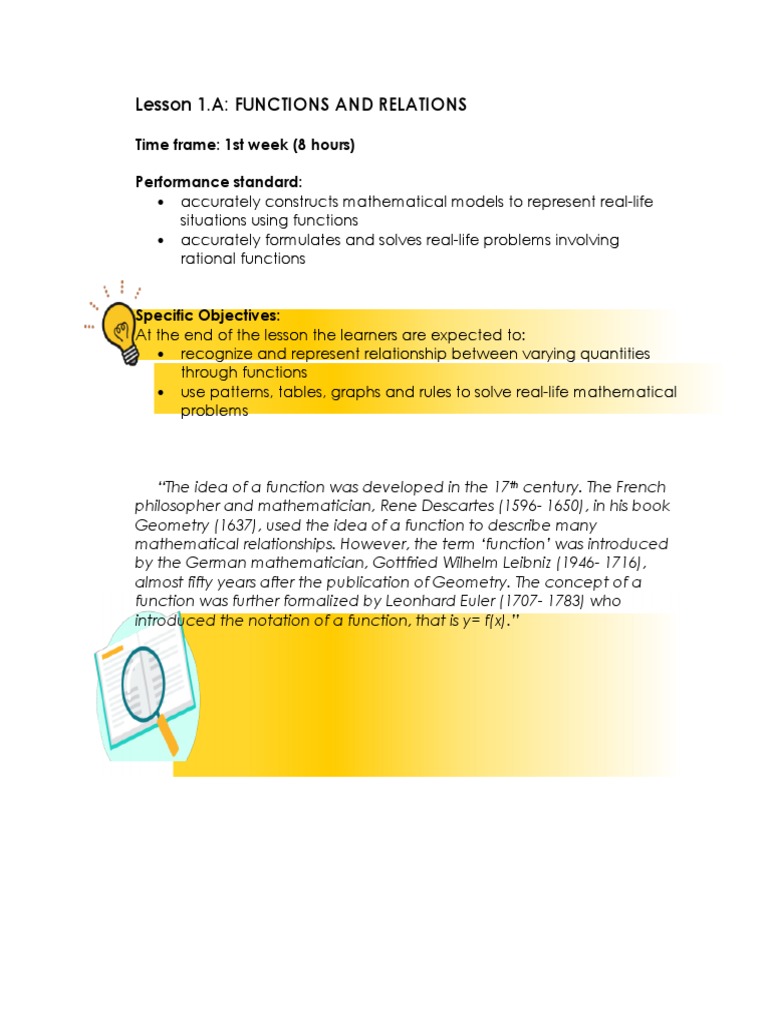 Lesson 1.A: Functions and Relations: Time Frame: 1st Week (8 Hours ...