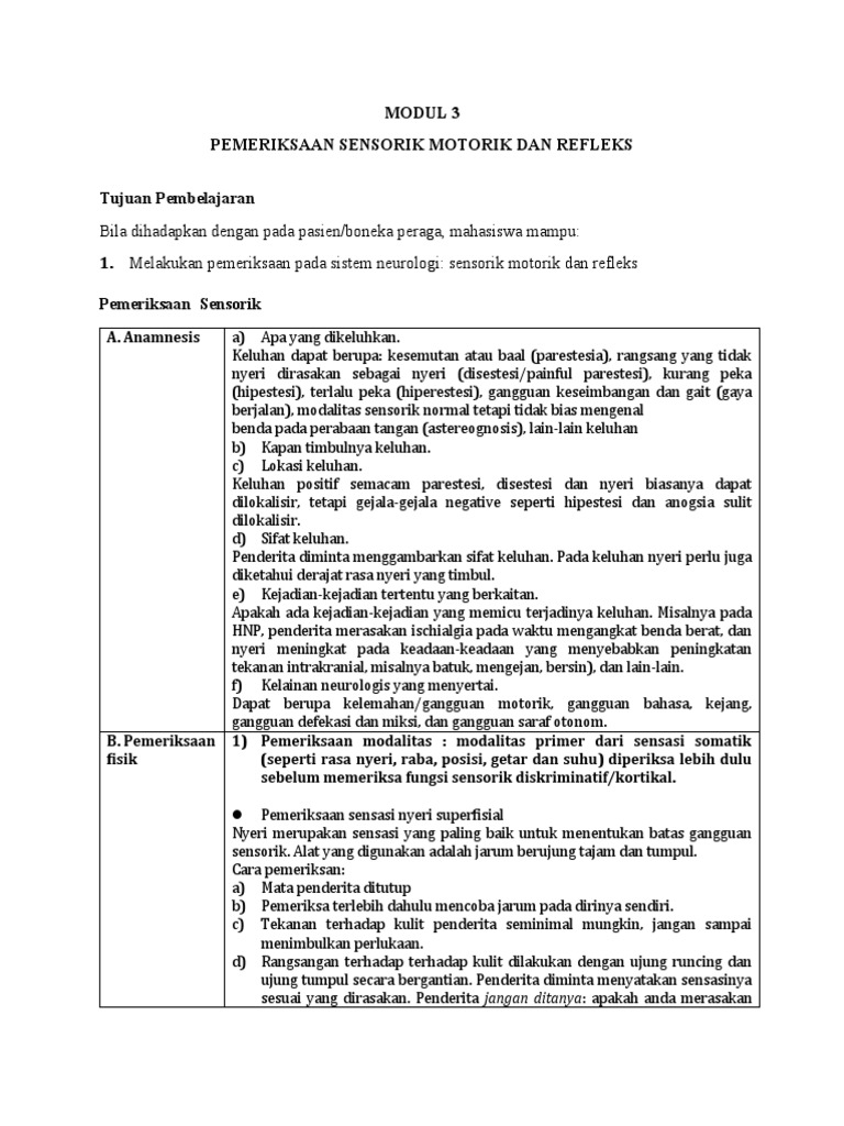 MODUL 3 Pemeriksaan Neurologi Sensorik, Motorik Refleks | PDF