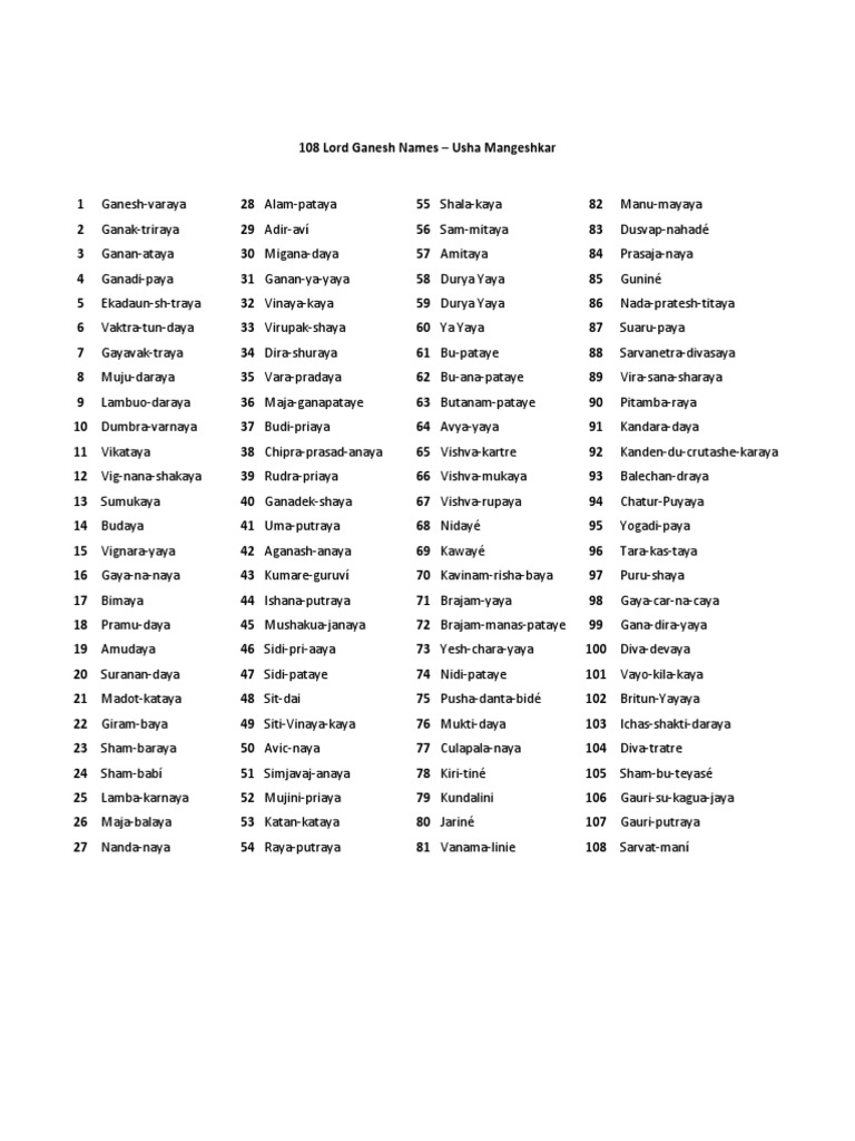 108 Lord Ganesh Names - Usha Mangeshkar | PDF