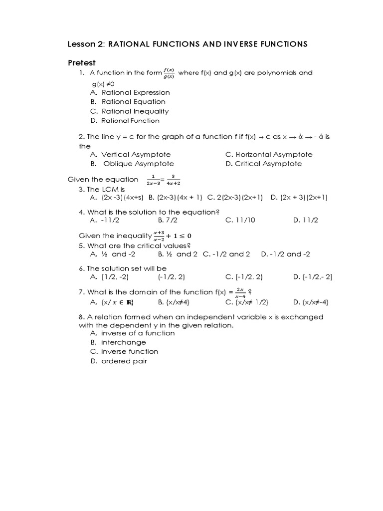 Lesson 2 RATIONAL FUNCTION AND INVERSE FUNCTION | PDF | Asymptote ...