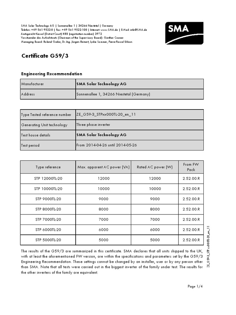 G59/3 Compliance Certificate for STP 7000TL-20 | PDF | Electric Power ...