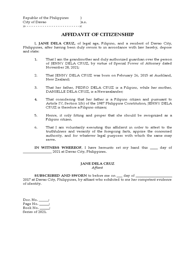 AFFIDAVIT OF CITIZENSHIP - Sample | PDF