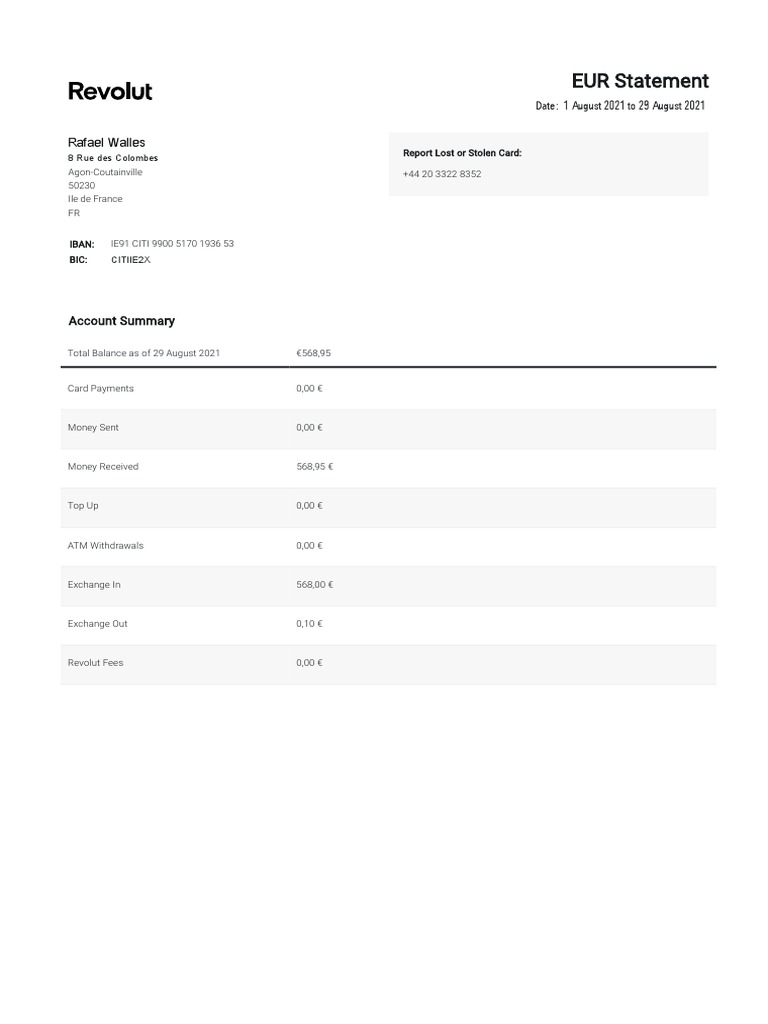 Revolut EUR Statement AUGUST 2021 PDF | PDF
