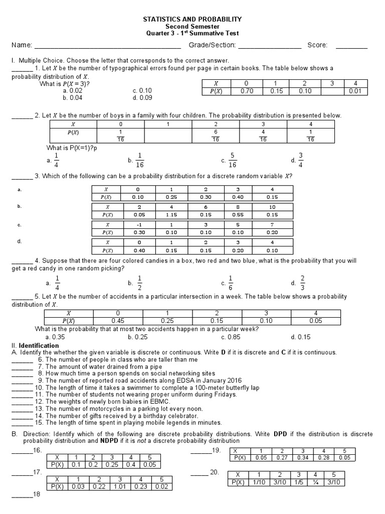 Name: - Grade/Section: - Score | PDF | Probability Distribution ...