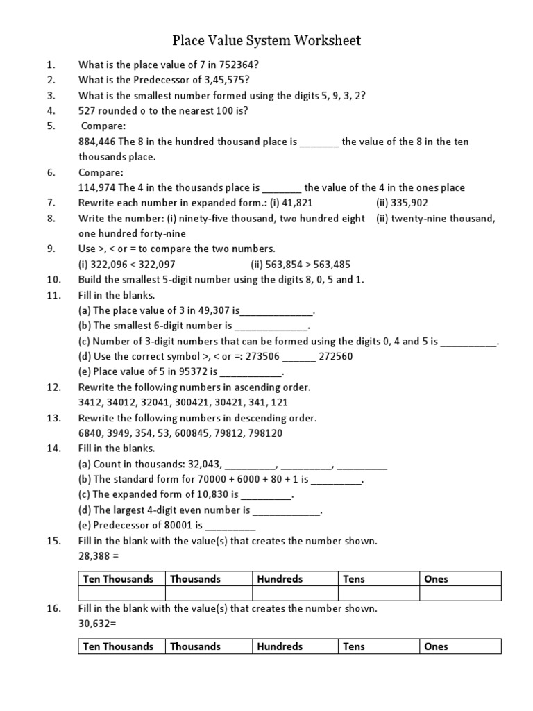 Place Value System Worksheet | PDF | Notation | Scientific Modeling