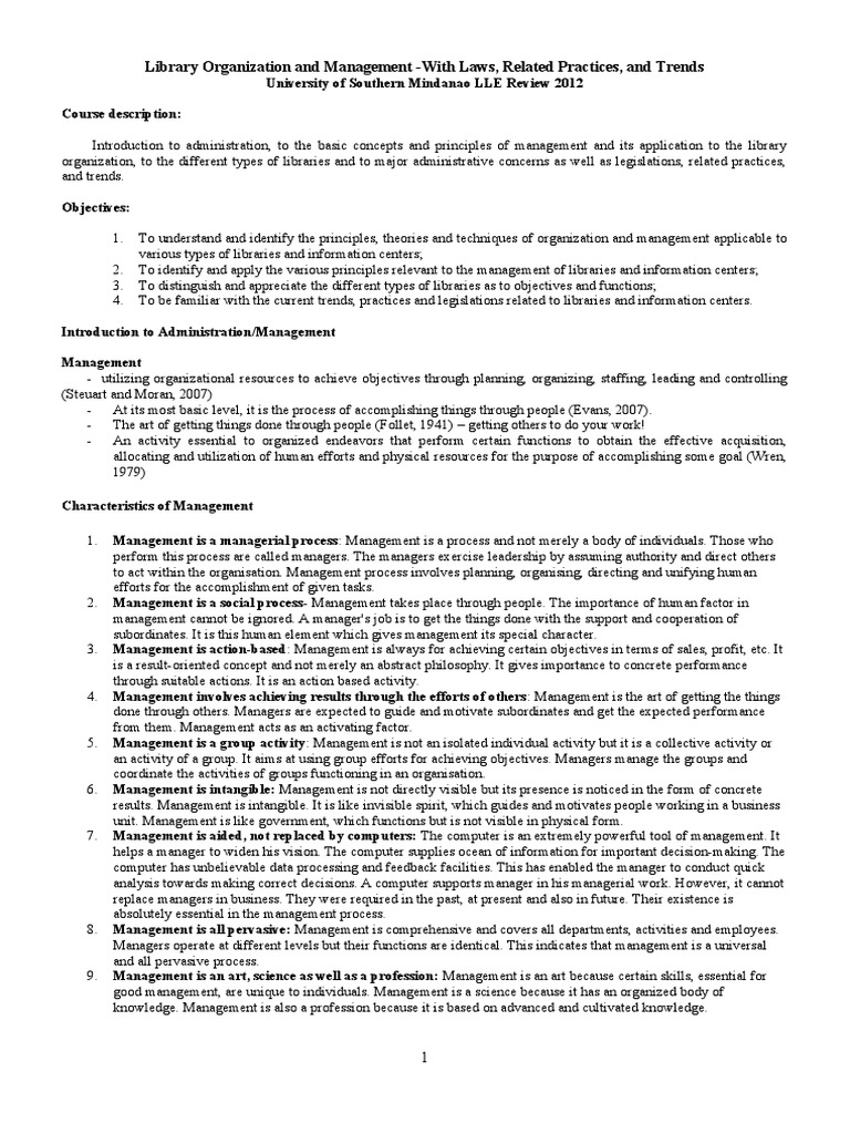 REVIEW NOTES Library Organization and Management | PDF | Leadership ...
