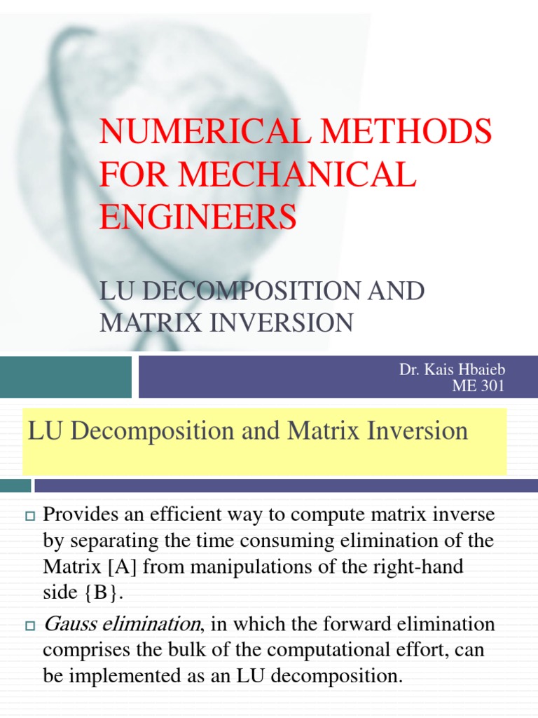Numerical Methods For Mechanical Engineers: Lu Decomposition and Matrix Inversion | PDF