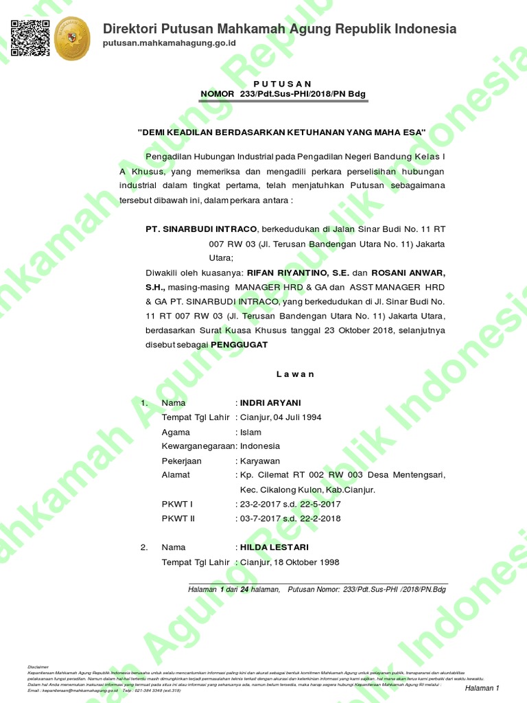 Jenis Pekerjaan Musiman PKWT Putusan 233 PDT - Sus-Phi 2018 PN - Bdg. 20200901 | PDF