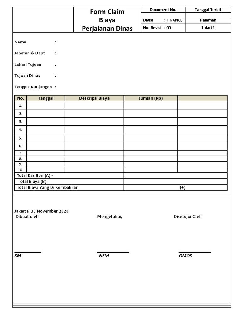 Form Claim Perjalanan Dinas | PDF