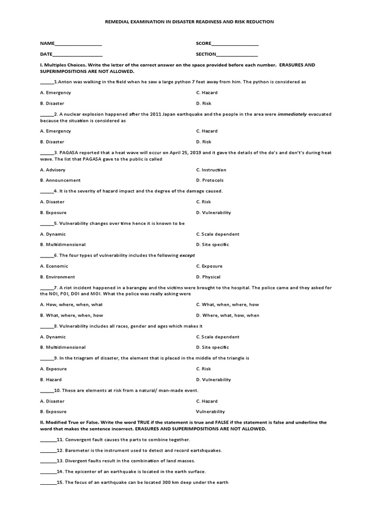 DRR Remedial Exam | PDF | Earthquakes | Hazards