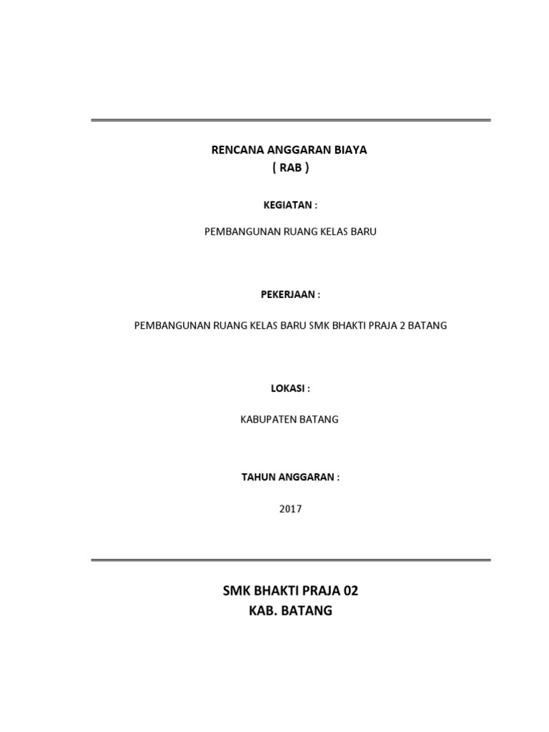Rencana Anggaran Biaya (Rab) : Pembangunan Ruang Kelas Baru | PDF