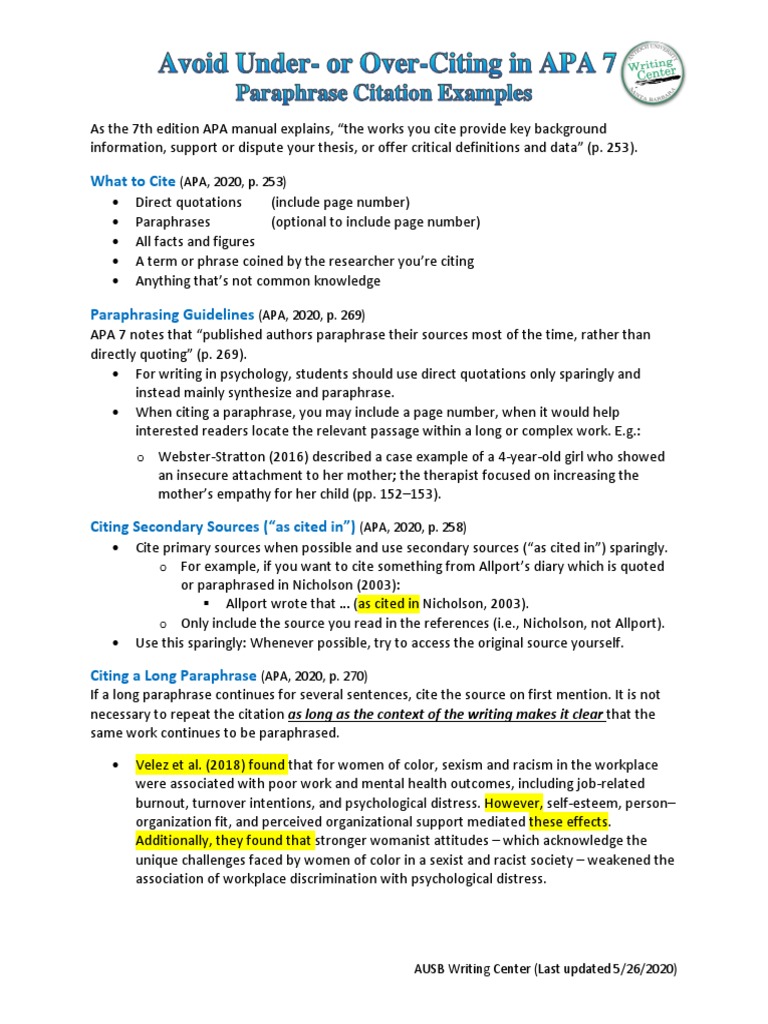 APA 7 - Paraphrasing and Citation Examples | PDF | Apa Style | Citation