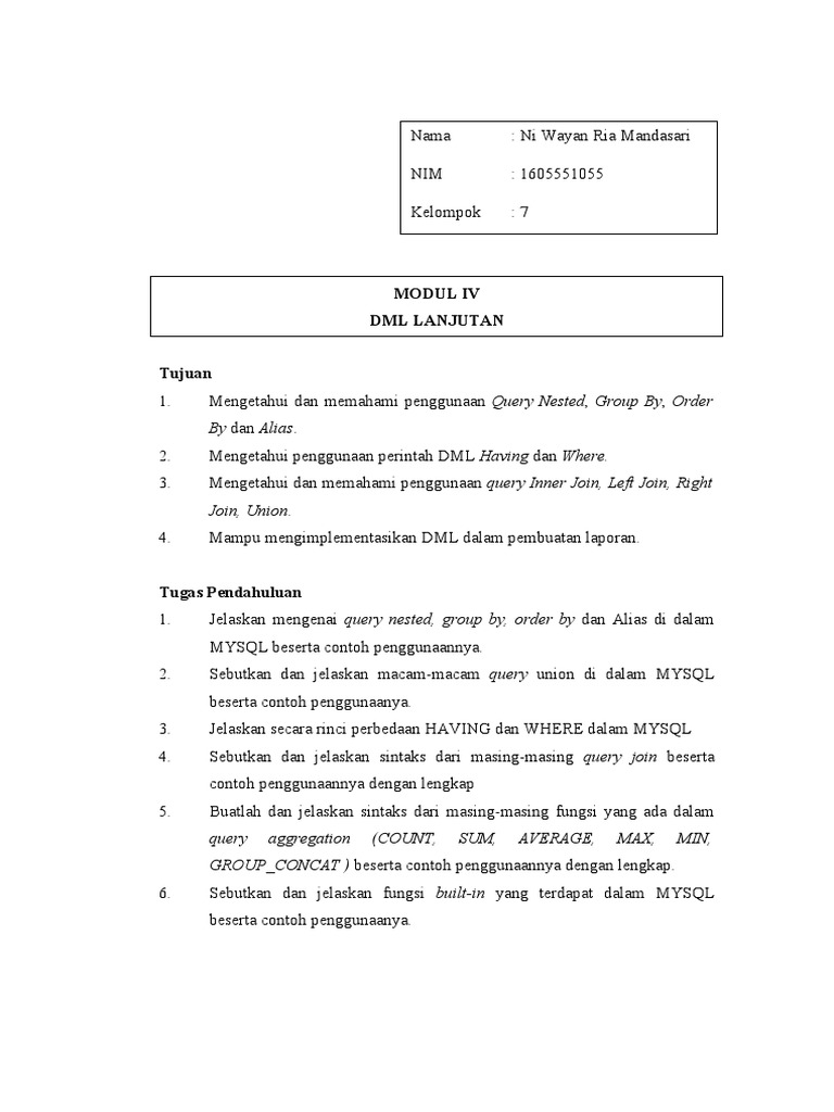 DML Lanjutan: Query MySQL dan Contoh | PDF | Metode & Bahan Ajar | Komputer