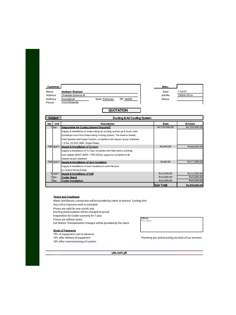 Quotation: Subject: Ducting & Air Cooling System | PDF | Duct (Flow ...