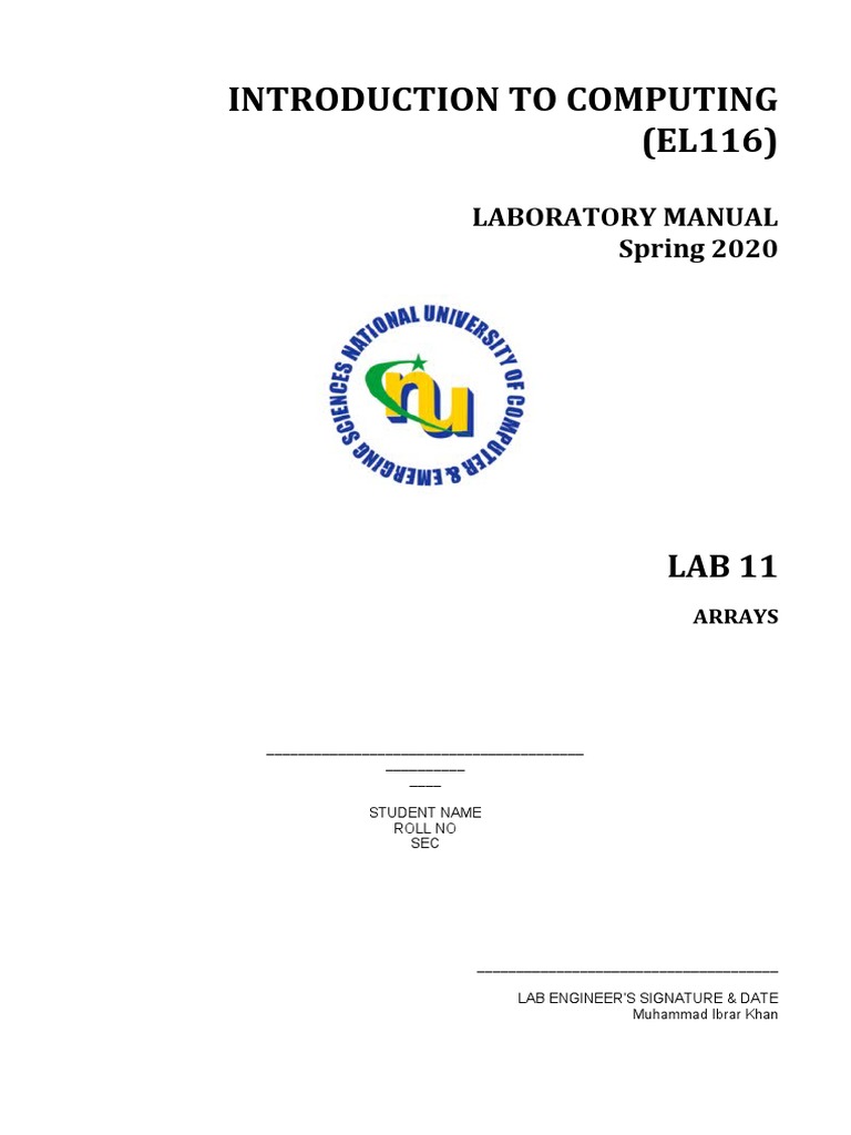 Introduction To Computing (EL116) : Laboratory Manual Spring 2020 | PDF | Array Data Structure ...